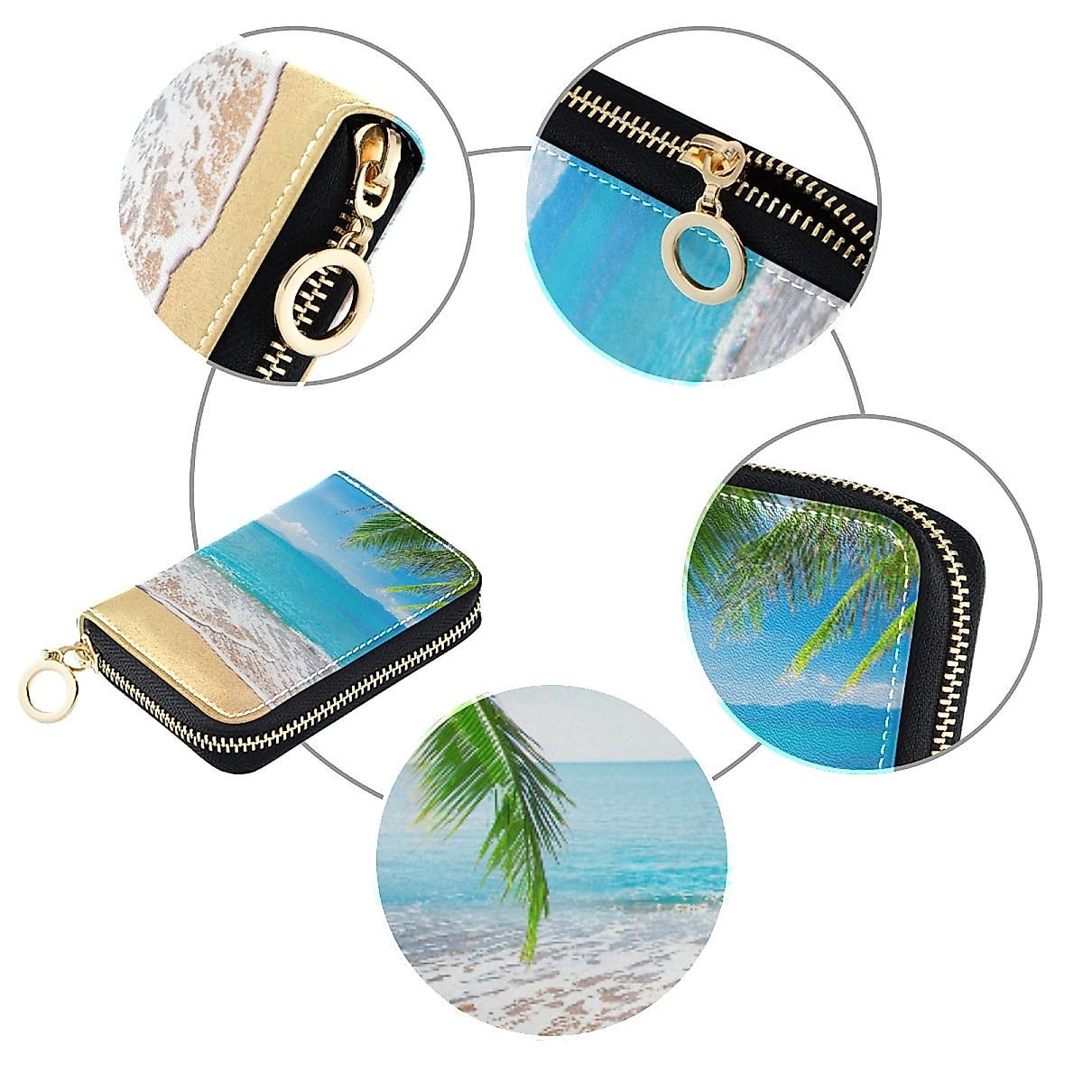 Tropical Palm Trees Sea Beach Credit Card Coin wallet, RFID Blocking Compact Women Leather Card Holder, Key Change Organizer, Zipper Purse Clutch Pouch Pocket
