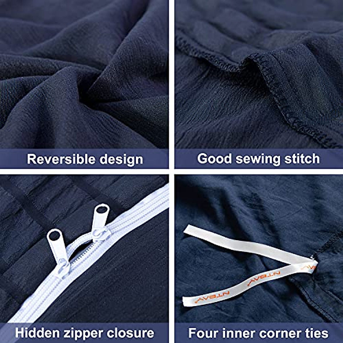 NTBAY 3 Pieces Queen Duvet Cover Set, Seersucker Textured Stripe Washed Microfiber Comforter Cover with Zipper Closure, 90x90 Inches, Navy Blue