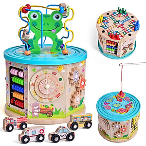 FUN LITTLE TOYS Activity Cube Toys Baby Wooden Bead Maze Shape Sorter Toys, Activity Cube for Toddlers