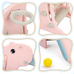 3 in 1 Freestanding Toddler Slide, Afaris Indoor Outdoor Playground with Basketball Hoop and Ball for Kids Boys Girls Under 3 Years, Pink