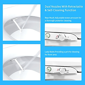 Bidet Toilet Seat Elongated Seats Non-electric Self Cleaning Dual Mode Nozzles Quiet-close Easy Installation White Plastic Includes Hardware