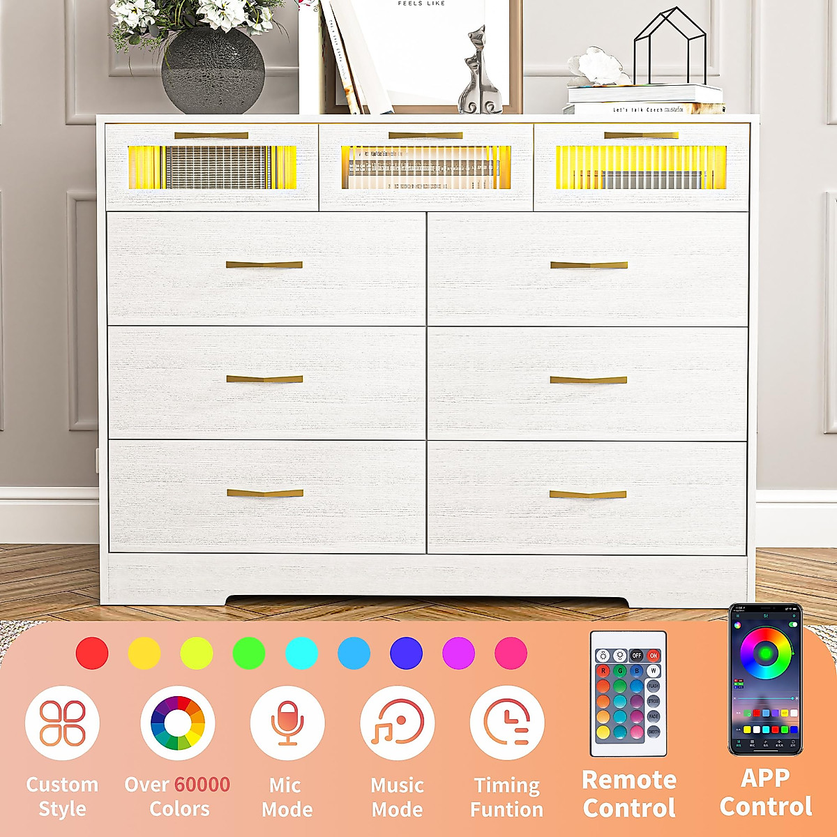 Vibe & Dine 9 Drawer Dresser with LED Lights and Charging Station, Modern Chest of Drawers Closet Organizer, Wood Wide Storage Dresser for Bedroom, Living Room