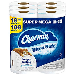 Charmin Ultra Soft Toilet Paper, 18 Super Mega Rolls = 108 Regular Rolls