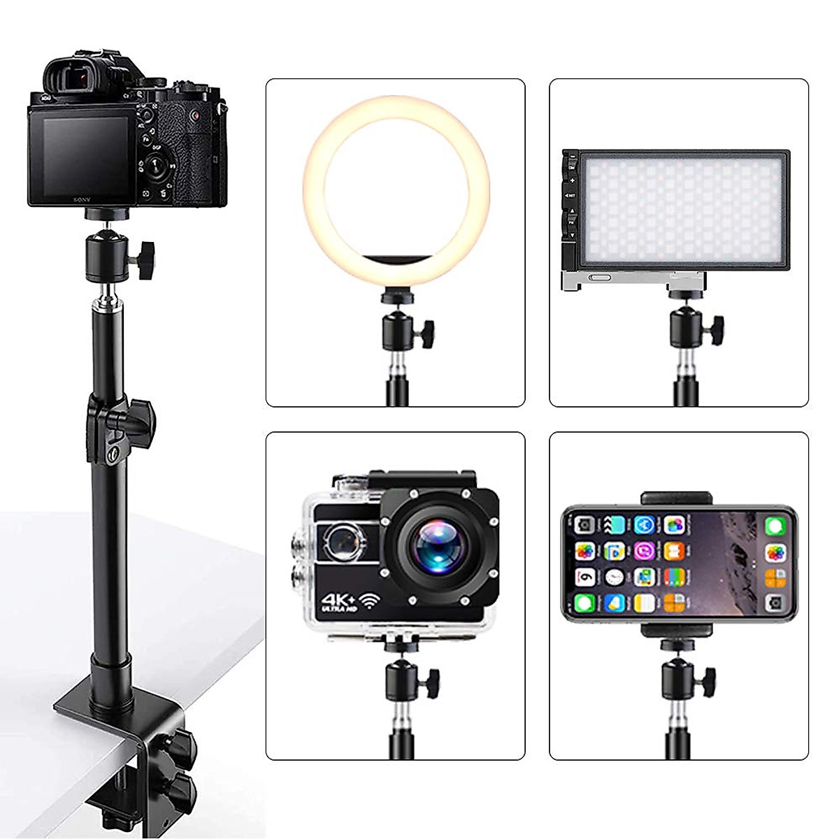 Desk Mount Stand, 2 Pack DSLR Camera Desk Mount C Clamp Light Stand, 13.7" ~23.2" Photographic Light Boom Stand with 360° Ball Head for Camera, Ring Light, Video Light, Video Conference Light