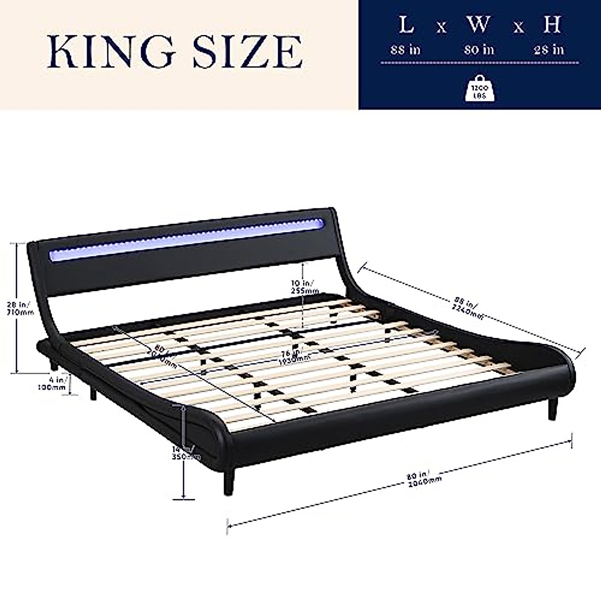Gustonhon King Size Modern Upholstered Platform Bed Frame with RGB LED Lights Leather Headboard,Faux Leather Wave-Like Low Bed Frame,Strong Wood Slats Support, Easy Assembly(Black, King)
