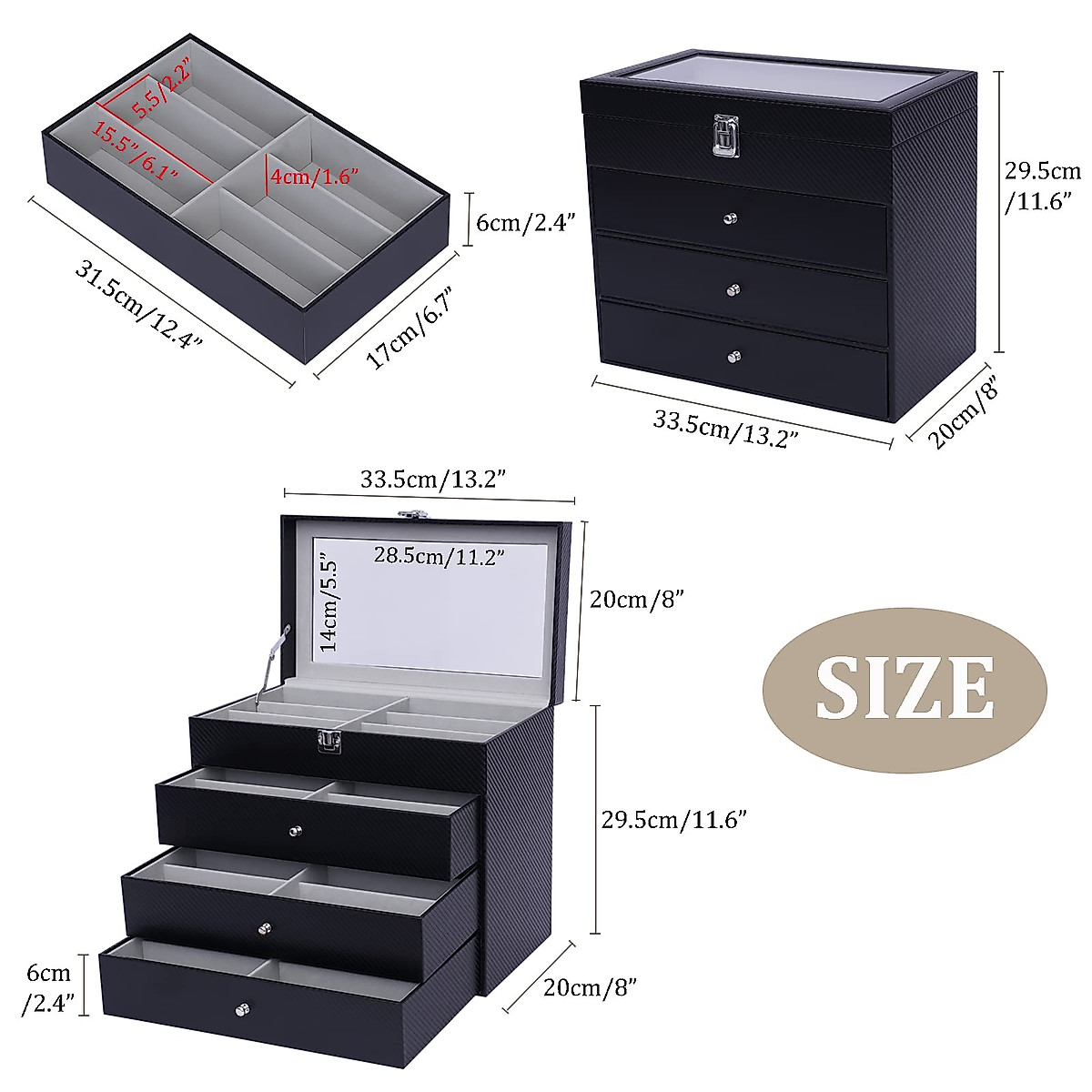 WUPYI 4 Layer 24 Slots Eyeglass Sunglass Storage Box Display Glasses Display Case with Drawer Black