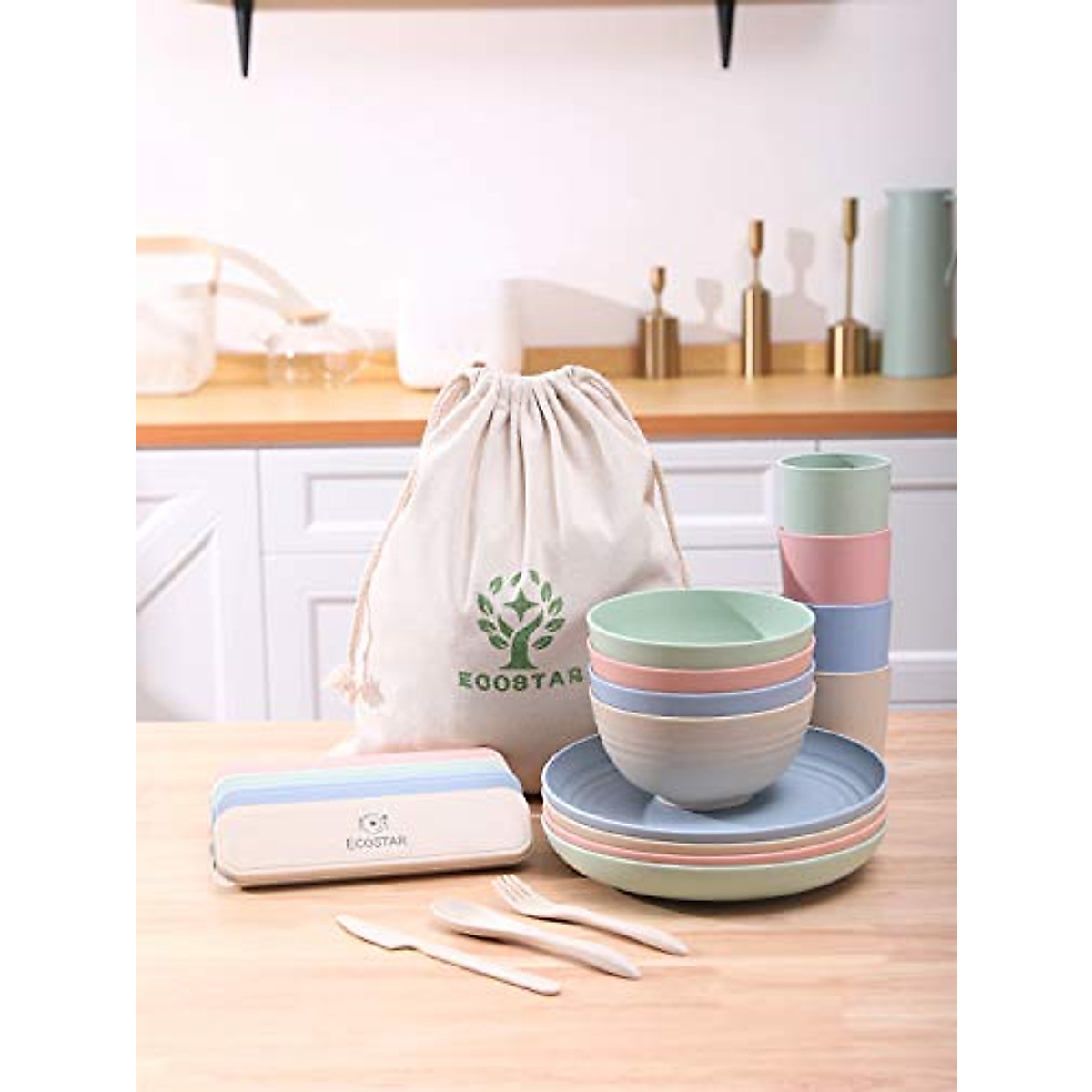 ECOSTAR Wheat Straw Dinnerware Sets, 28-Piece Kids Plates and Bowls Sets, Cutlery, Microwave Safe Unbreakable Dinnerware for Parties, Picnic, College Dorm, Camping, RV (Classic)