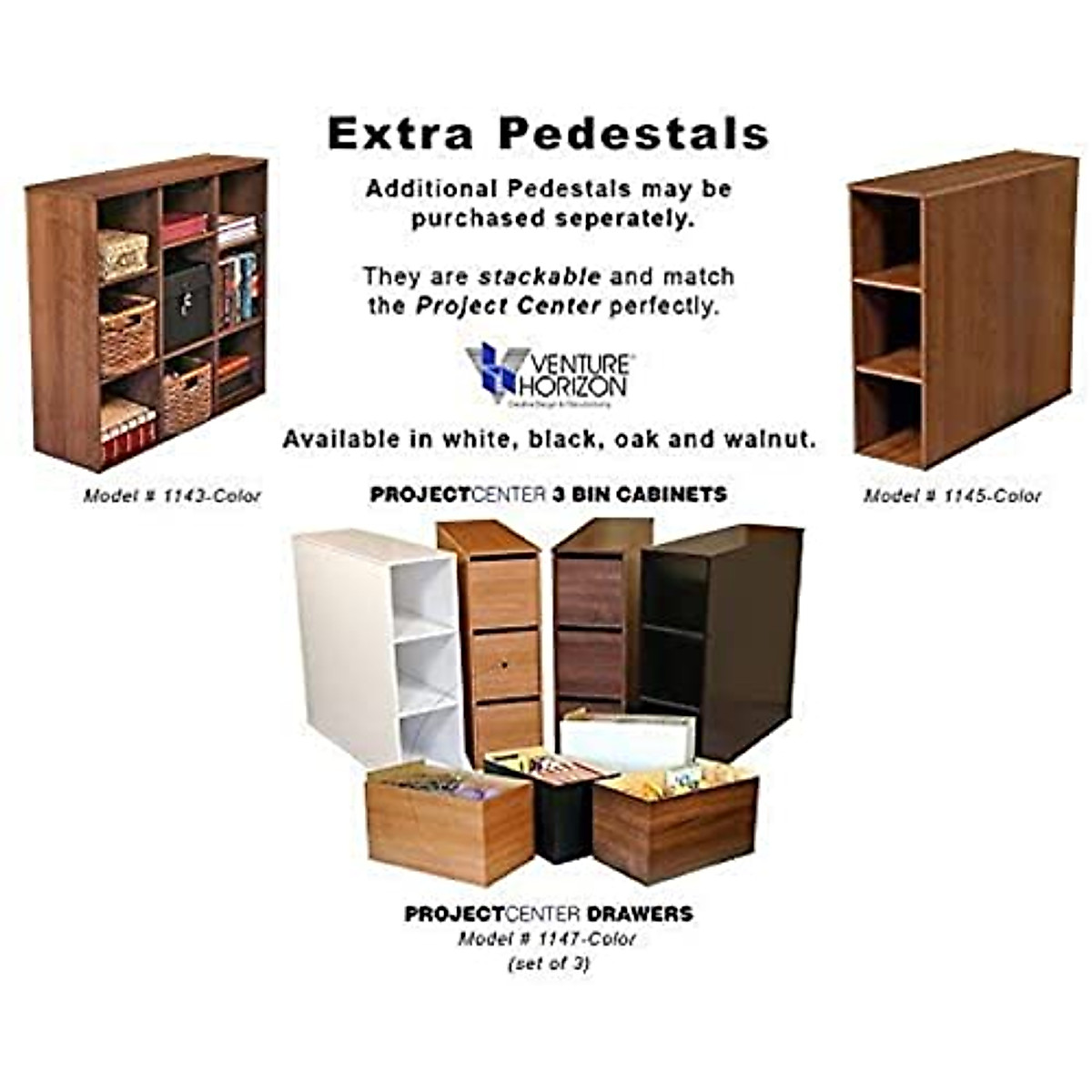 Project Center Desk with Bookcase and 3 Bin Cabinet-White