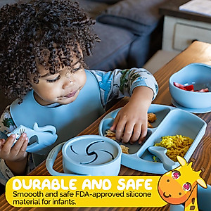 Muqee Peeko Carolina Blue Silicone Baby and Toddler Self-Eating Food Plates Set with Utensils (8 Piece Set)