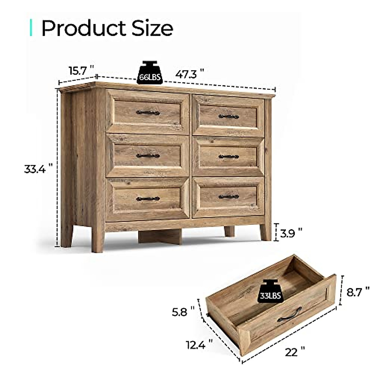 LINSY HOME Dresser for Bedroom, Long Dresser with 6 Drawers, Wood Chest of Drawers with Metal Handles, Ideal for Living Room, Entryway and Hallway