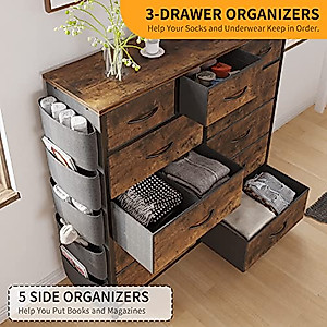 LIVEHOM 11 Dresser Drawer for Bedroom, Chest of Drawers with Side Pockets, Hooks, Fabric Storage Drawer, Steel Frame, Wood Top, Organizer Unit and Pull Handle for Closet, Nursery