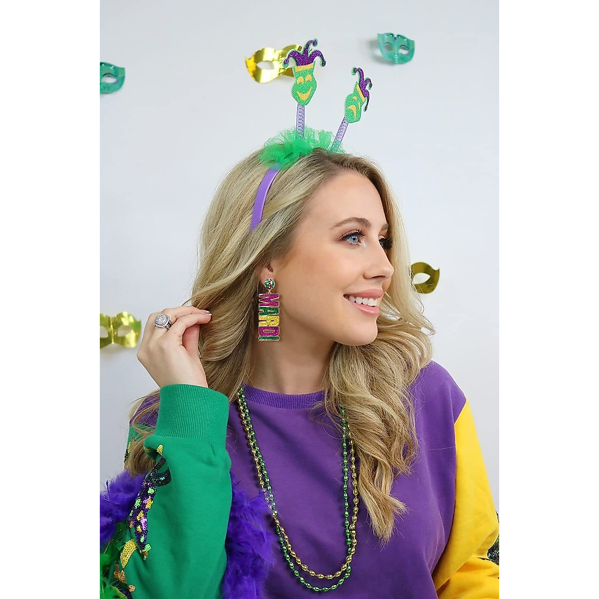 2 Pairs Mardi Gras Earrings for Women Beaded Mask Tassel Dangle Earrings Fat Tuesday Carnival Parade Jewelry Gifts