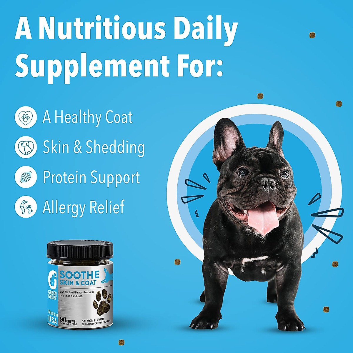 Green Gruff Dog Skin and Coat Supplement - Organic Dog Allergy Chews - Dry Skin, Shedding, Dog Itch Relief - Dog Omega 3 Supplement - Made in USA, Protein - Rich - Anti Itch for Dogs - 90 Chews