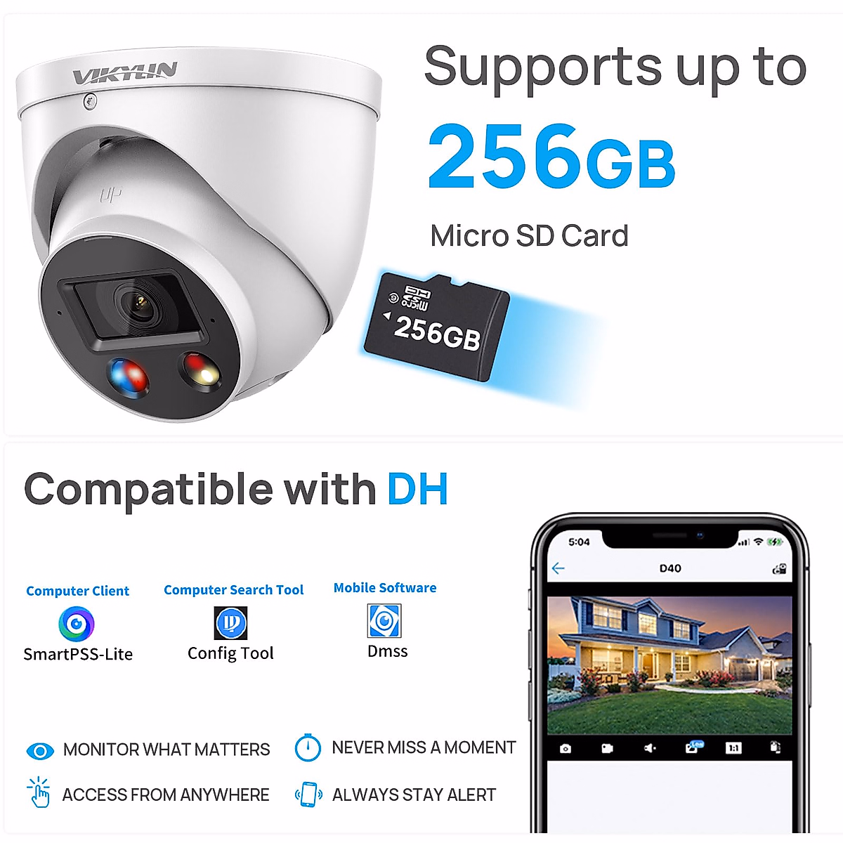 VIKYLIN 8MP IP POE AI Camera, Active Deterrence, 4K @30fps 98ft Night Color Vision F1.0,Vehicle & Human Detection, 2-Way Audio,SD(256GB),IP67 Security Wizsense Outdoor Turret Camera(GK3849)