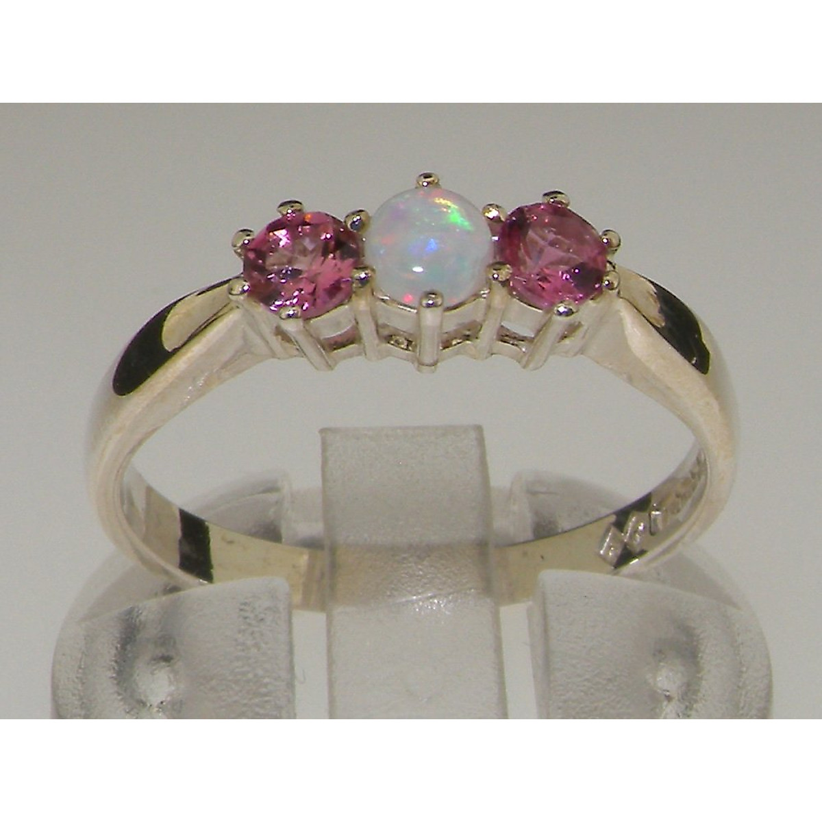 LetsBuyGold 925 Sterling Silver Real Genuine Opal and Pink Tourmaline Womens Trilogy Anniversary Ring - Size 7