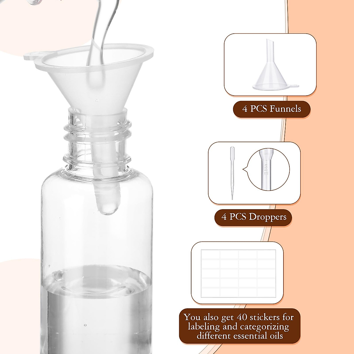 SiliFine 48 Pack 1 oz Dropper Bottle, Plastic Bottles Empty with 4 Funnels, 4 Long Pipettes, 40 Labels, 30 ml Eye Dropper Bottles for Essential, Cuticle, Body Oils, Tincture (Clear)