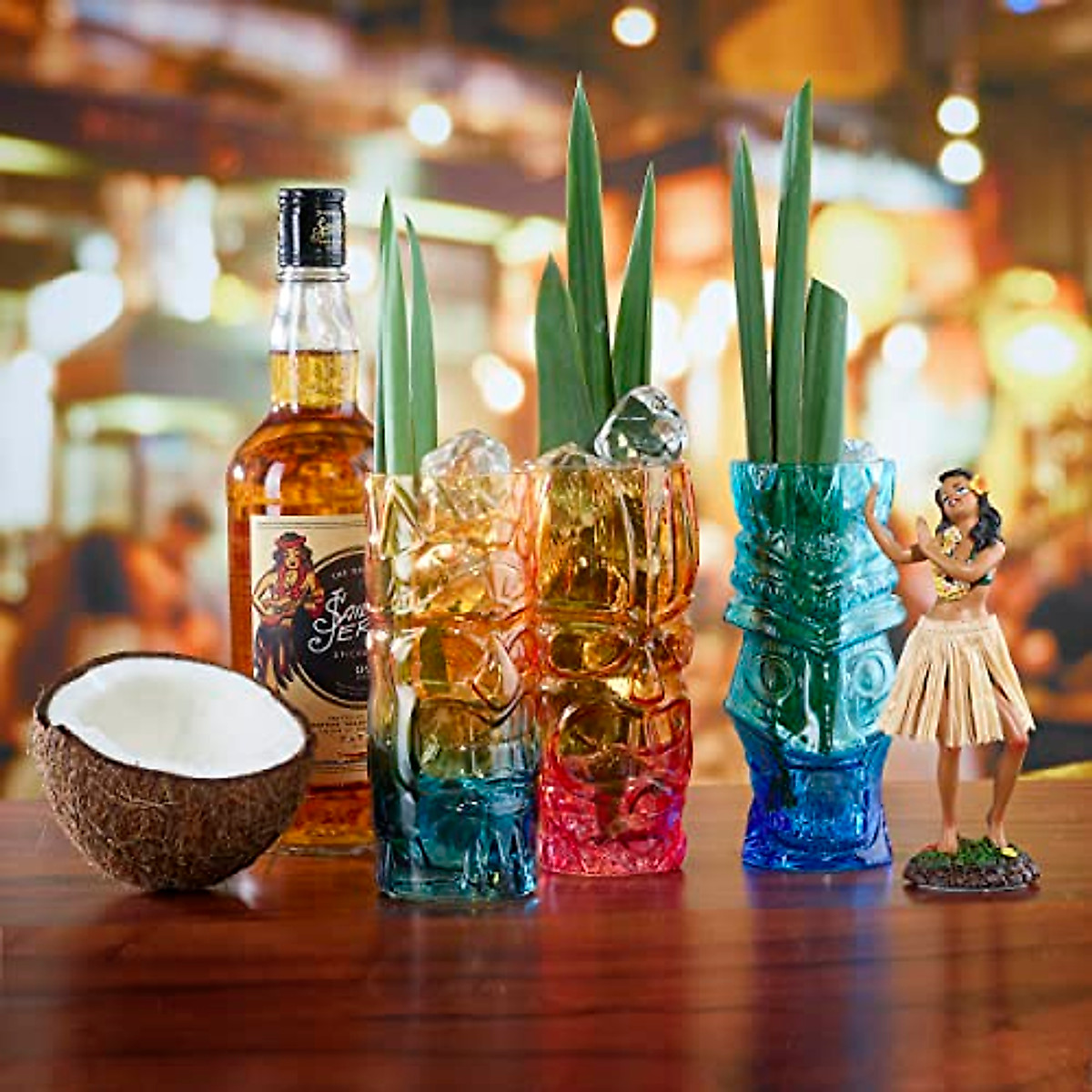 Burns Glass Set of 4 Colored Tiki Glasses - Perfect Tropical Cocktail Tiki Glassware for Tiki Bar, Island Parties, and Gifts for Tiki Lovers