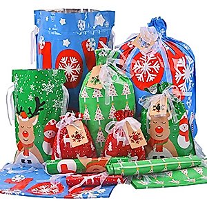 Christmas Gift Bags Assorted Sizes, 22pcs Drawstrings Christmas Bags For Gifts, Presents Wrapping Bags Favor Goody Bags Reusable Plastic Xmas Holiday Gift Bag Bulk Extra Large/Big/Medium/Small Size
