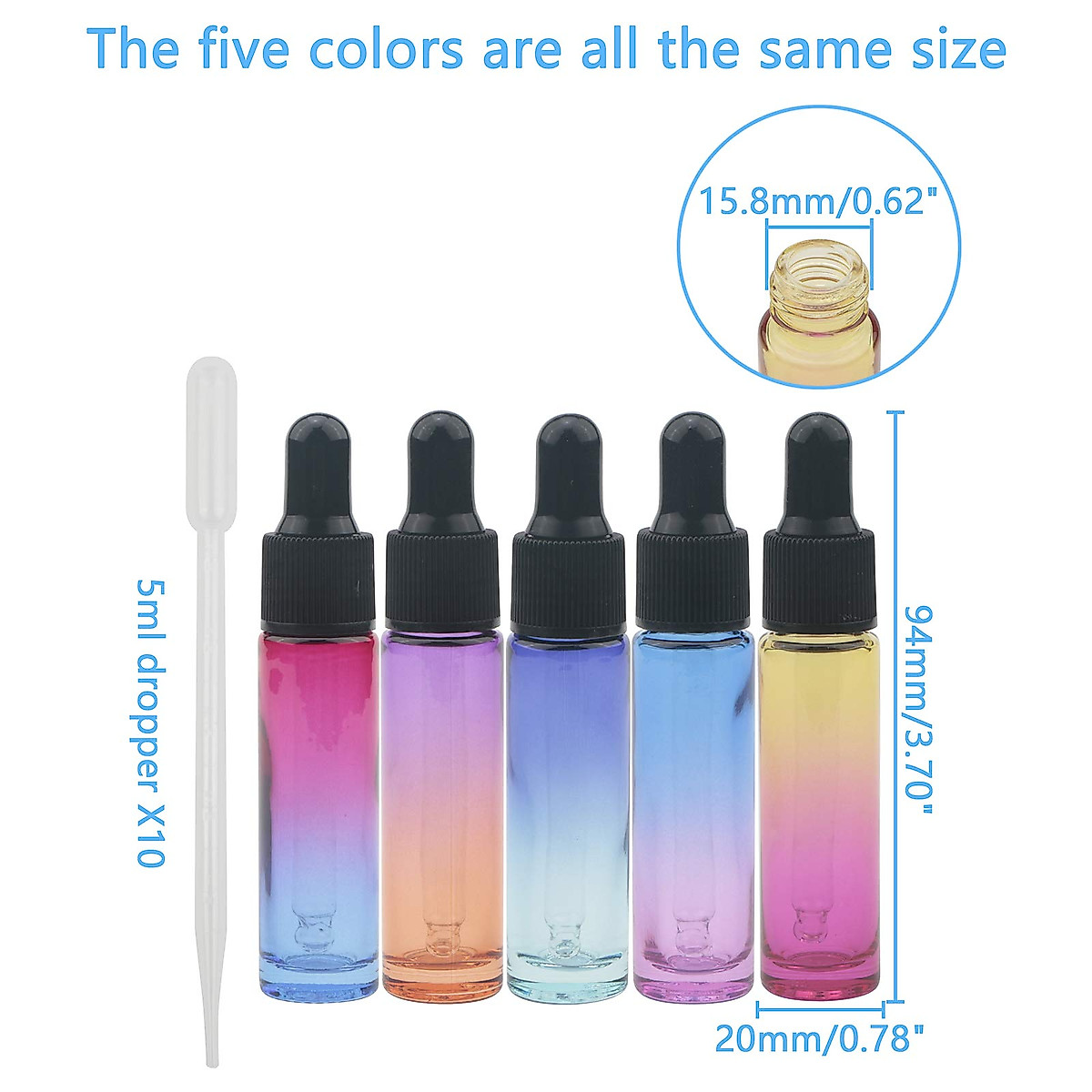 Newzoll 10Pcs Dropper Bottles Set, 10ml (1/3 oz) Gradient Glass Dropper Bottle with 5ml Tapered Plastic Droppers, Essential Oils Perfume Reusable Bottles Vial