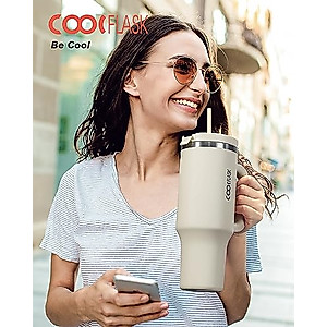 Coolflask 40oz Tumbler with Handle, Insulated Water Tumbler with Lid and Straw, Coffee Tumbler Travel Mug Stainless Steel for Cup Holder, Keep Cold for 24H/Hot for 12H, Apricot