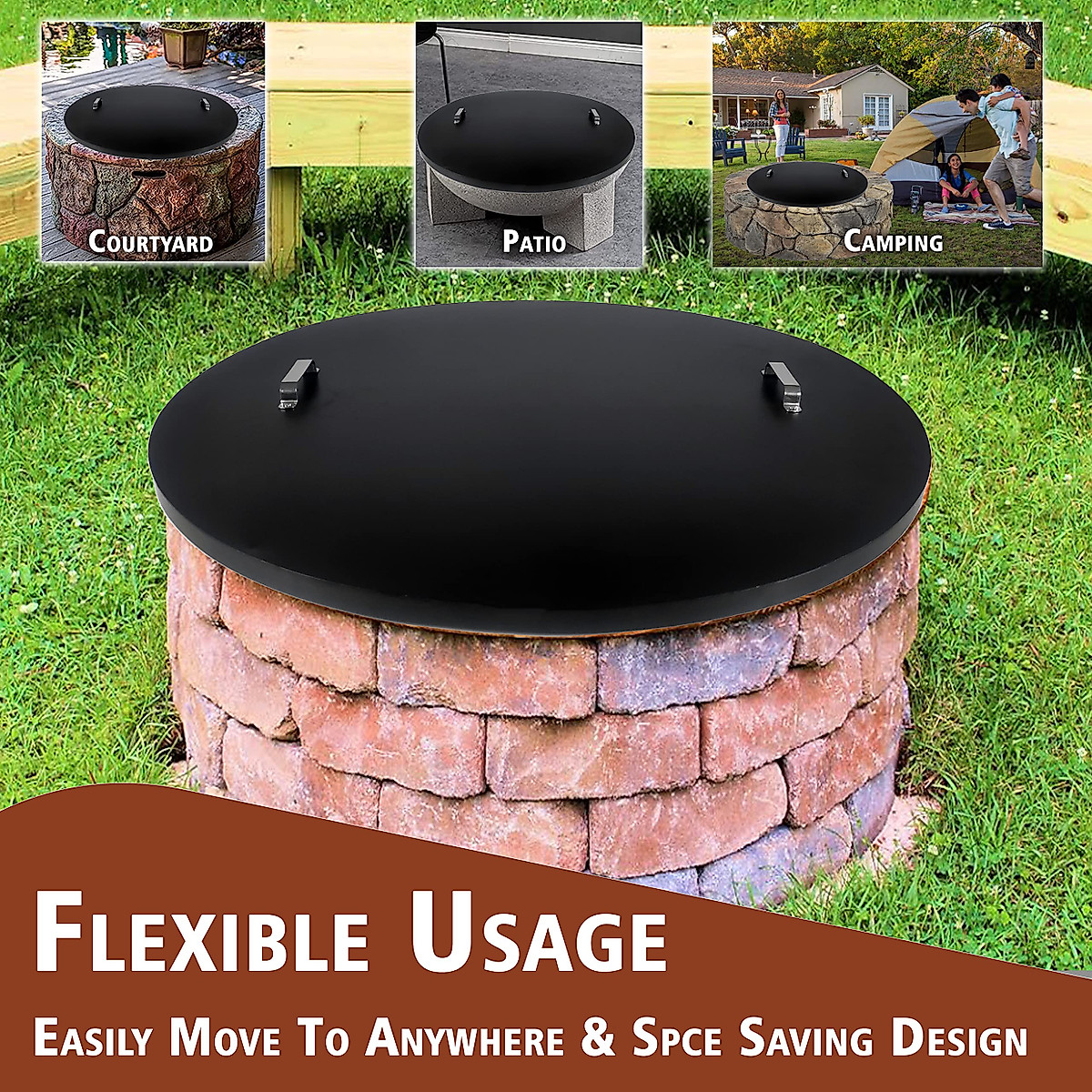 Fire Pit Cover Round, Snuffer Lid Ring Finish 38” inch Diameter, Drop-in Burner Fire Pit Pan Lid- 1.5 mm Thickness, Grill Fire Ring Lid with Handle