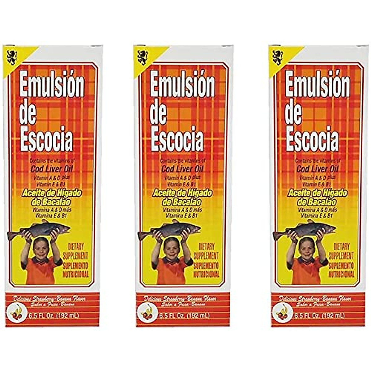 Emulsion de Escocia. Cod Liver Oil Dietary Supplement. Rich in Vitamins A, D, E and B1. Orange Flavored. 6.5 Fl.Oz / 192 mL. Pack of 3