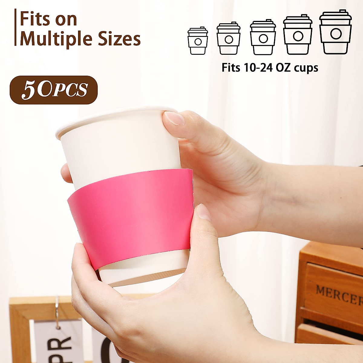 50 Pcs Coffee Sleeves Disposable Corrugated Kraft Paper Cup Sleeve Holder Protective Insulated Heat Espresso Coffee Cup Holder Fits 12, 16, 20, 22, 24 oz Hot Cold Drinks Cups(Pink)