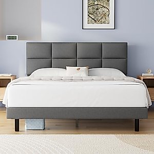 Molblly Queen Size Bed Frame with Upholstered Headboard, Strong Frame, and Wooden Slats Support, Non-Slip and Noise-Free, No Box Spring Needed, Easy Assembly, Dark Grey