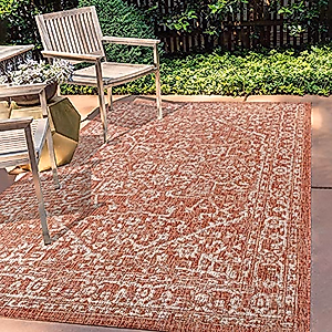JONATHAN Y SMB104A-3 Malta Bohemian Medallion Textured Weave Indoor Outdoor -Area Rug, Coastal, Traditional, Transitional Easy-Cleaning,Bedroom,Kitchen,Backyard,Patio,Non Shedding, Red/Taupe, 3 X 5