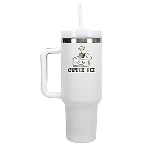 100 North Cutie Pie Cherry Slice Cartoon 40 oz. Stainless Steel, Large Water Bottle Coffee Mug, Spill & Leak Resistant, Thermal Travel Tumbler with Handle, Lid & Straw, White