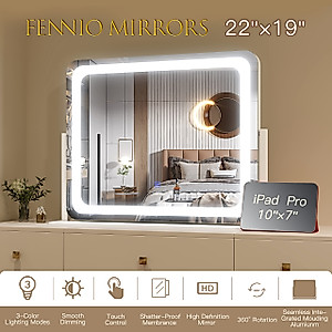 FENNIO Vanity Mirror with Lights 22''x19'' Makeup Mirror with Lights,Vanity Mirror Touch Screen with 3-Color Lighting,Dimmable,for Vanity Desk Tabletop