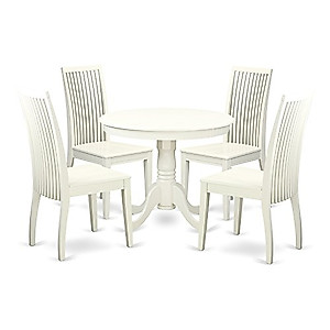 East West Furniture ANIP5-LWH-W 5 Piece Modern Set Includes a Round Kitchen Table with Pedestal and 4 Dining Room Chairs, 36x36 Inch, Linen White