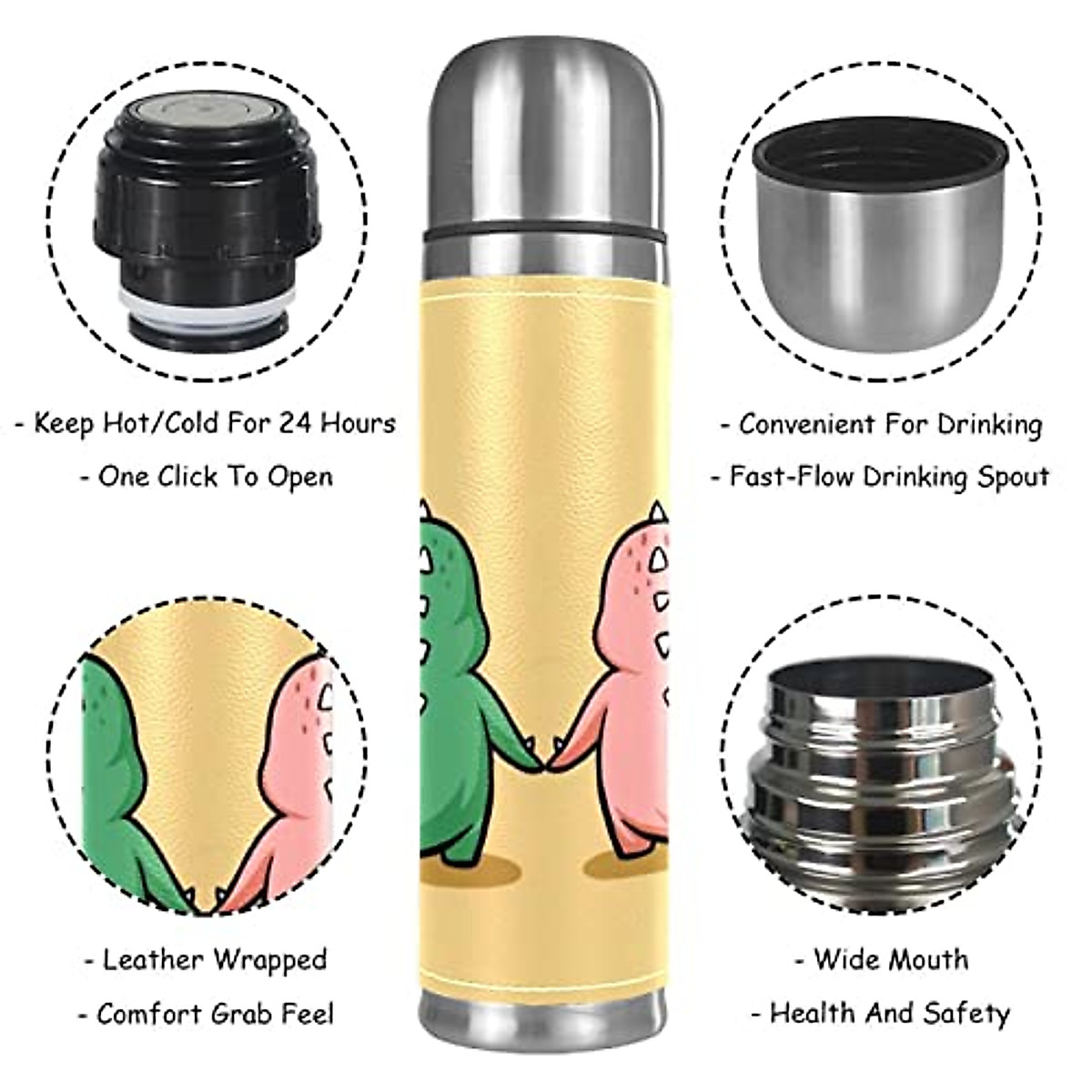 Stainless Steel Leather Vacuum Insulated Mug Dinosaur Thermos Water Bottle for Hot and Cold Drinks Kids Adults 16 Oz