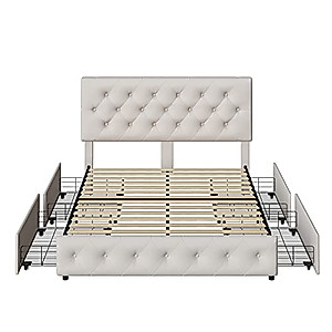 Queen Bed Frame with 4 Storage Drawers and Adjustable Headboard, Upholstered Platform Bed with Button Tufted Design, Strong Wooden Slats Support, No Box Spring Needed, Fabric, Cream
