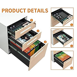 Steel Lateral Filing Cabinet with Lock, File Cabinet for Office Home Metal Storage File Cabinet 3 Drawer Under Desk Metal Organizer (Cherry+White)