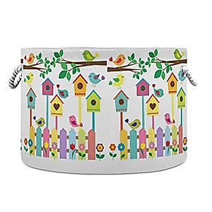 Colorful Birds and Birdhouses Raster Tree Branches Leaves Flowers Round Storage Basket Waterproof Print Collapsible Fabric Cube With Cotton Rope Handles Laundry Bag Organizer Toys Clothes for Room