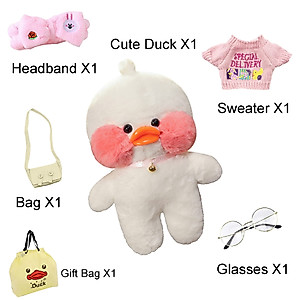 LALAFANFAN Duck Plush, Cute Duck Stuffed Animal for Teen Girls, Kawaii Duck with Glasses and Clothes, Cute Stuffed Animal, Birthday Gifts Ideas (White Pink)