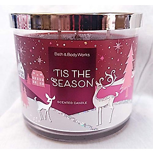 White Barn Candle Company Bath and Body Works 3-Wick Scented Candle w/Essential Oils - 14.5 oz - 'Tis The Season (Rich Red Apple, Sweet Cinnamon, Cedarwood)