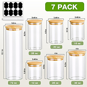 Meolibour 7 Pack Thicker Glass Food Storage Jars with Airtight Bamboo Lids, Clear Glass Storage Containers, Glass Canisters Set for Pasta, Nuts, Coffee Beans, Kitchen Pantry Organization Jar, BPA Free