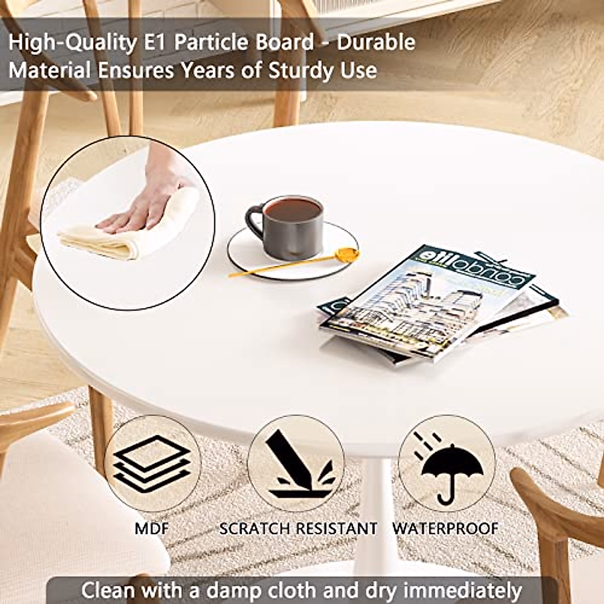 DKLGG White Round Dining Table, 31.5" Tulip Table Kitchen Dining Table 2-4 People with MDF Table Top & Pedestal Base, Mid-Century End Table Leisure Table Coffee Office Living Room Table