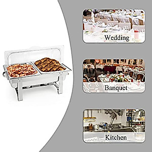 Restlrious Chafing Dish Buffet Set with Roll Top Plastic Cover, Stainless Steel 8 QT Rectangular Chafers and Buffet Warmers Set w/Half Size Food Pan, Water Pan, Fuel Can for Catering Event Party