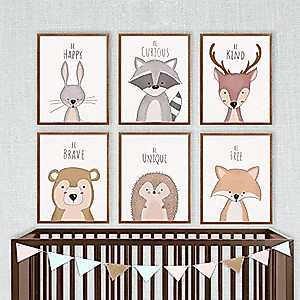 6 set- Woodland Animal Art Print, Safari Rabbit Reindeer Fox Bear with Inspirational Quote Canvas Wall Print For Kids Bedroom Classroom (Unframed, 8"X10")