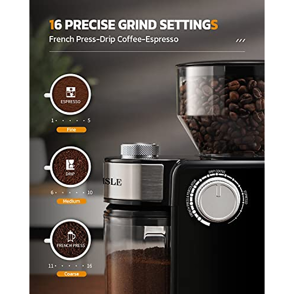 KIDISLE Electric Burr Coffee Grinder2.0, Automatic Flat Burr Coffee for French Press, Drip Coffee and Espresso, Adjustable Burr Mill with 16 settings, 14 Cup, Stainless Steel