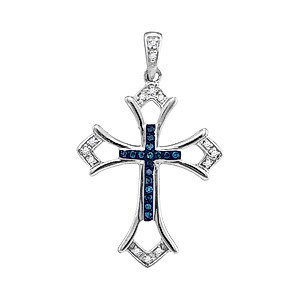 Sterling Silver Womens Round Blue Color Enhanced Diamond Cross Pendant 1/10 Cttw