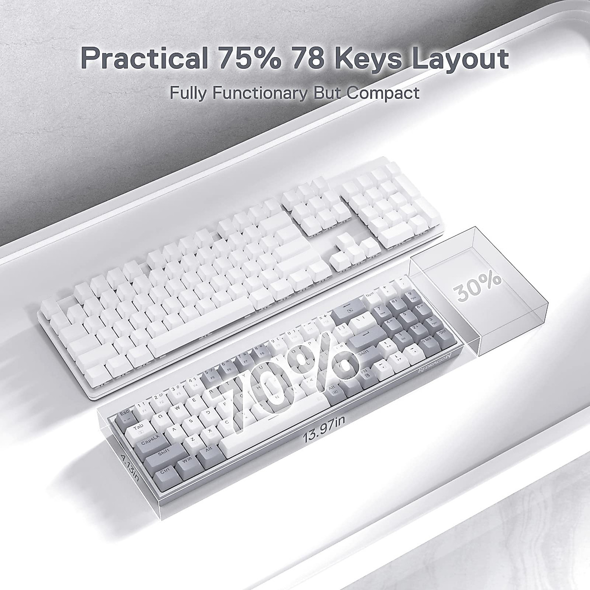 Redragon K628 Pollux 75% Wired RGB Gaming Keyboard, 78 Keys Compact Mechanical Keyboard w/100% Hot-Swap Socket, Free-Mod Plate Mounted PCB & Dedicated Arrow Keys, Quiet Red Switch