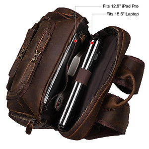 Masa Kawa Vintage Leather 15.6" Laptop Computer Backpack Camera Bag for Men Photographers Brown Large Business Travel Work Multi Pockets Rucksack Daypack