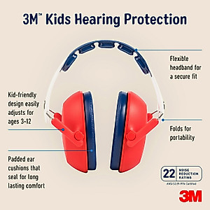 3M Kids Hearing Protection, Noise Reduction Rating (NRR) 22 dB, Ear Muffs For Children, Adjustable Headband, Studying, Quiet, Concerts, Events, Fireworks, For Indoor & Outdoor Use, Red (PKIDSB-RED)