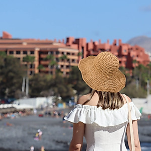 Crochet Straw Sun Hat for Women Floppy Beach Sun Hat Soft Large Lady Bucket Hat Foldable Travel Summer Medium Khaki