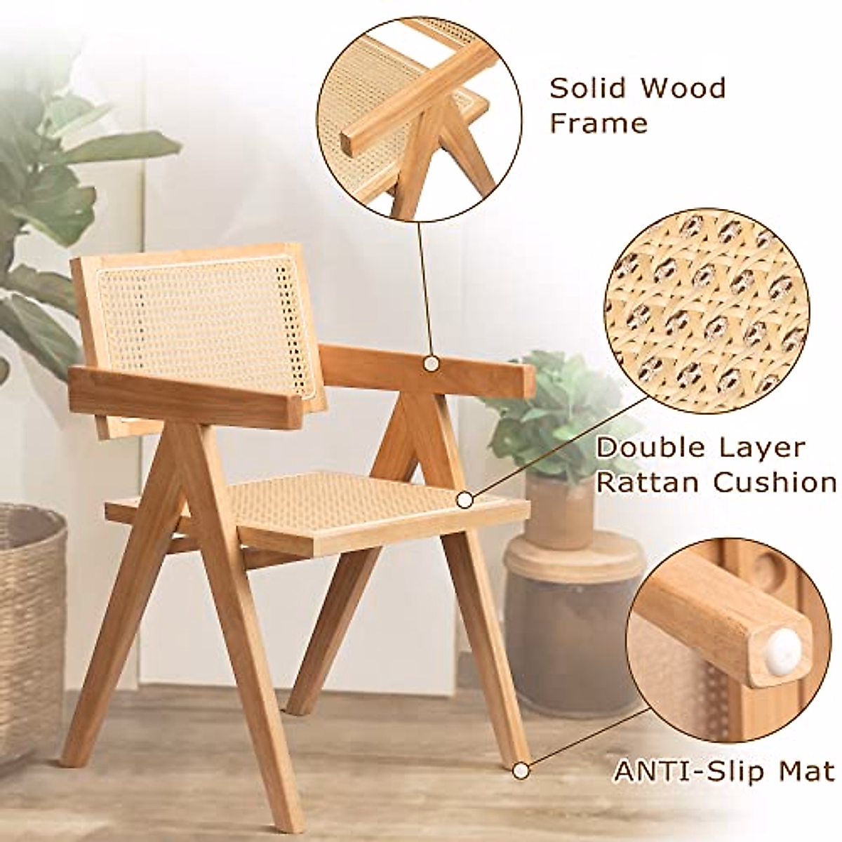 comfy to go Rattan Dining Chairs Set of 6, Wooden Armchair Cane Kitchen Chairs with Arms, Light Walnut Color