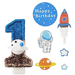 7PCS Outer Space Universe Birthday Numbers 1 Candles Spaceships astronaut rocket birthday Cake tag Topper Set for Kids Space Theme Birthday party Cake Decoration Supplies(Numbers 1)